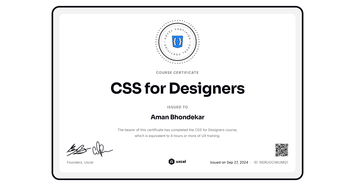 Certificate of completion for CSS Foundations | Uxcel